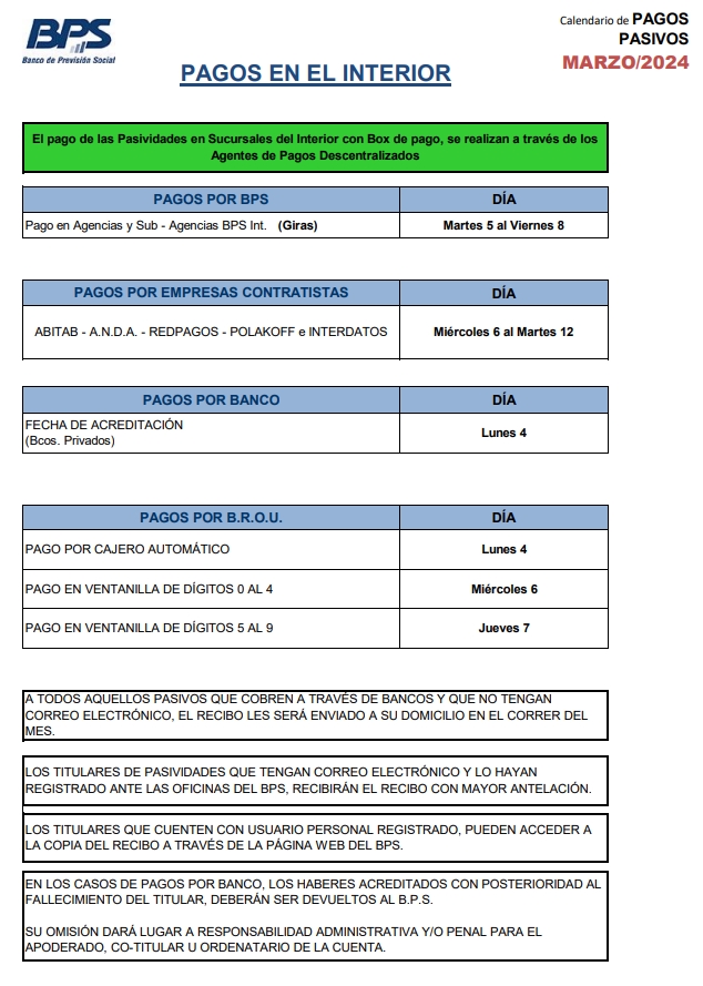 Jubilaciones y pensiones del BPS: Calendarios de cobros de pasividades del mes de marzo 2024 ...